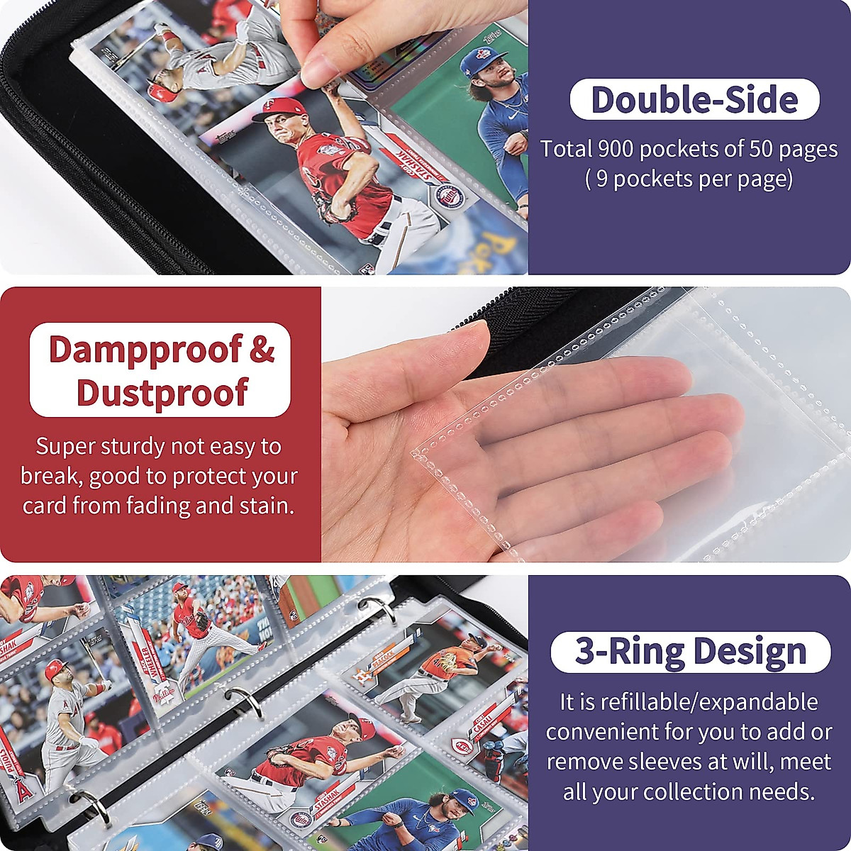 GEAGMAGC Baseball Card Binder with Sleeves 900 Pockets, Gifts for Baseball Card Collectors, Trading Card Holder Compatible with Topps Card, 50 Sleeves Card Album Card Storage Organizer