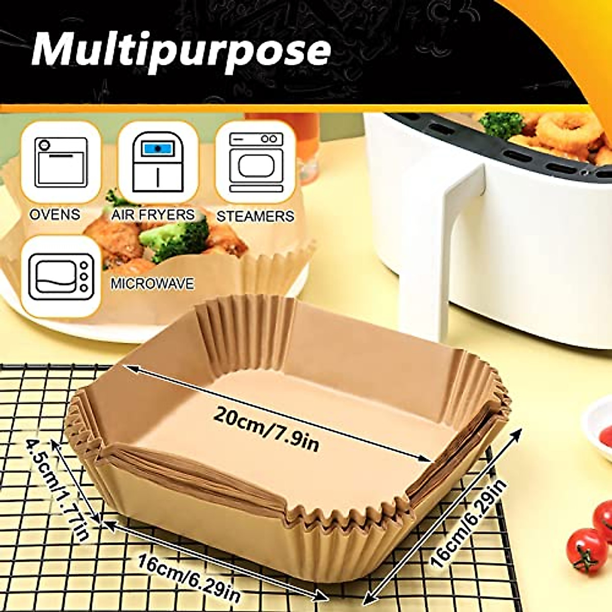Air Fryer Disposable Paper Liners Square, 7.9 Inch Air Fryer Parchment Paper Liner 100 PCS, Non-Stick Air Fryer Paper Pads Oil Resistant, Food Grade Baking Paper for Roasting Microwave