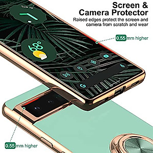 Aitipy for Google Pixel 6A Case, Built-in 360 Rotation Ring Holder with Screen Protector & Camera Lens Protector, Luxury Shiny Electroplated Edged Shockproof Protective Phone Cover (Mint/Golden)