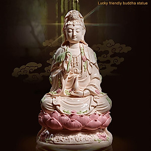 XINJDM Etchings Guan Yin Statue, Ceramic Quan Yin Buddha, Kwan Yin Statue, Buddha Siting On A Lotus Statue, Home Decor, Best Chinese Feng Shui Gifts. (11 Inches Top Ceramic Guan Yin) (Size : 28x14.5)