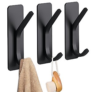 FANTEXY 3 Packs Adhesive Hooks, Towel Hooks Wall Hooks Self Sticking, Black Adhesive Coat Hooks Heavy Duty Stainless Steel, Bathroom Bedroom Kitchen Wall Towel Hooks for Hanging Robe Clothes Purse Hat