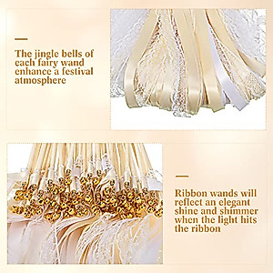 100 Pieces Party Streamers with Bells Lace Ribbon Stick Wands with Bells Silk Fairy Stick Wand Streamers for Wedding Party Baby Shower Send Off Party Activities Holiday Celebration Favors (Champagne)