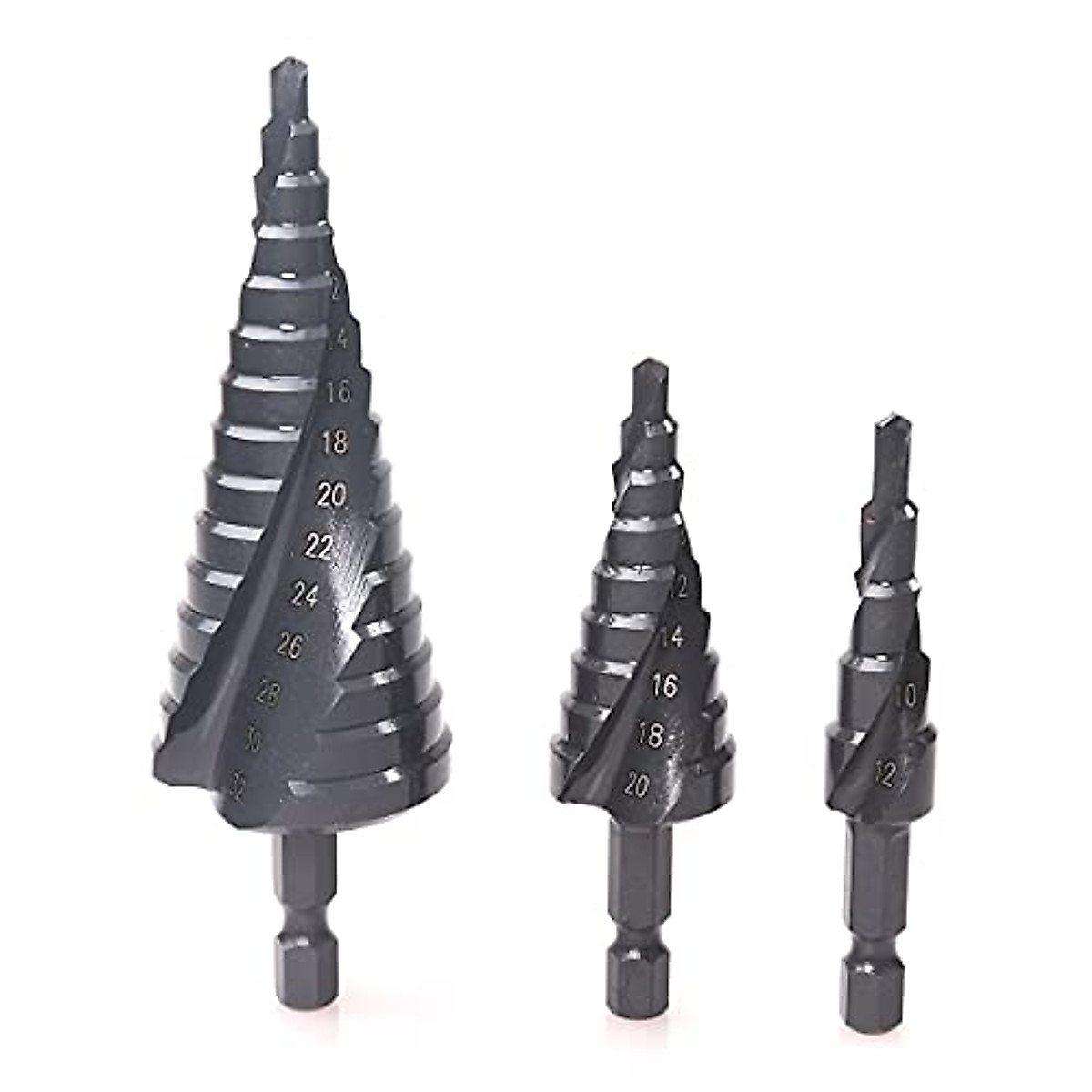 ATOPLEE Step Drill Bit, 3pcs 6mm Hex Shank HSS Nitriding Black Spiral Fluted Unibit Step Bit for Hole Drilling in Metal, Copper, Aluminum,Wood,Plastic,Sizes 4-12mm/4-20mm/4-32mm