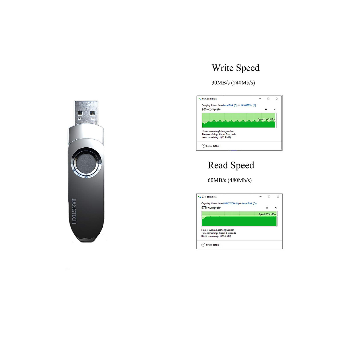 JIANGTECH USB Drive for PC and Android, Enctypted by Fingerprint, Support USB 3.0 (128GB)