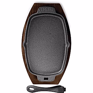 Napoleon BBQ Grill Accessory - Cast Iron Sizzle Platter - 56008 - Wooden Platter for Serving, Use On Side Burner, Use In Oven, Use On Grill Grates, Removable Handle