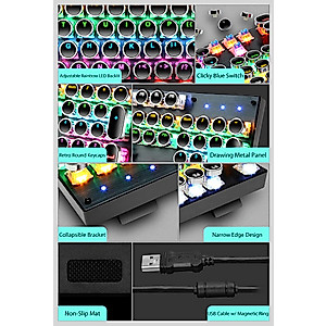 TISHLED Typewriter Style Mechanical Gaming Keyboard RGB LED Backlit 104-Key Clicky Blue Switches Retro Steampunk Round Keycaps Metal Panel Light Up Keyboard Wired USB for PC/Mac/Laptop, Black
