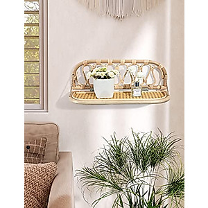 Sonefreiy Rattan Shelf Boho Wall Shelf Decorative Shelves Natural Handmade Woven Floating Shelf, Nursery Bedroom Living Room Bathroom Decor