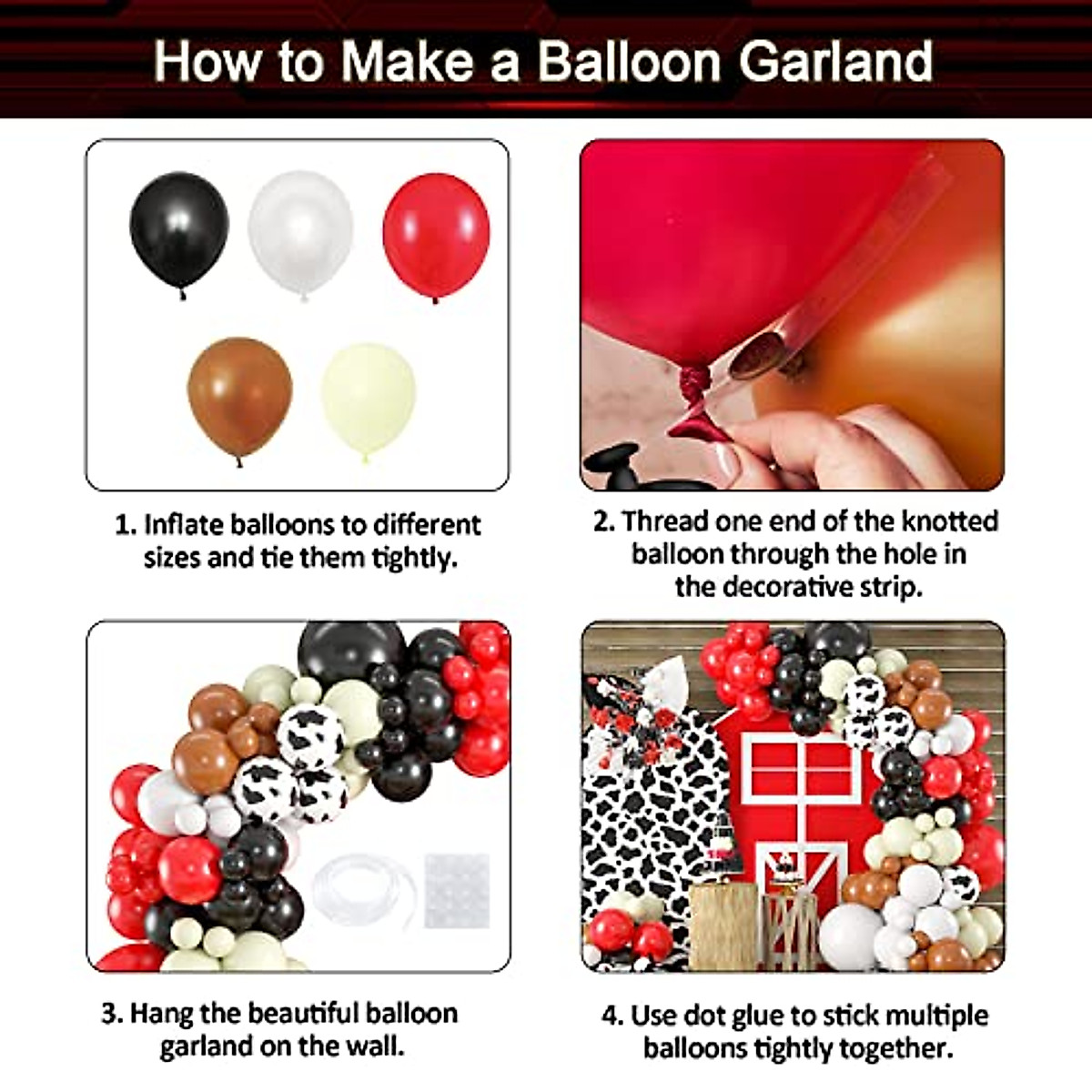 Cow Balloons Garland Arch Kit, Red White Black Cow Print Farm Animal Theme Party Balloon Garland Arch Kit Red Balloons for Kid's Birthday Party Baby Shower Party Supplies