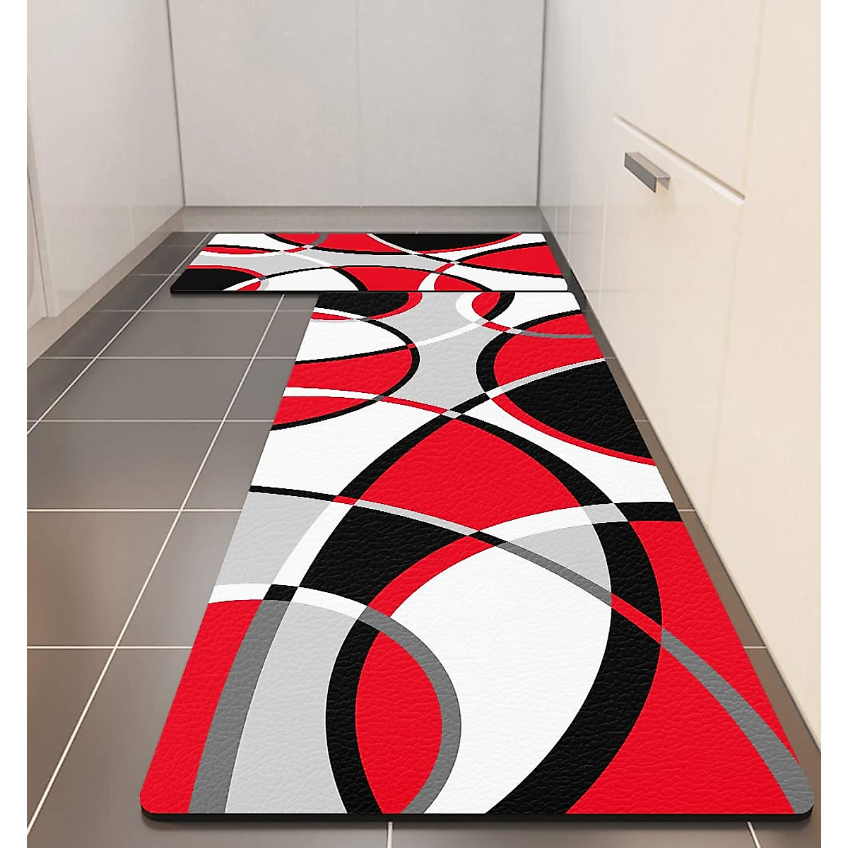 Red Grey Black White Abstract Art Kitchen Rugs and Mats Set of 2 Anti-Fatigue Cushioned Kitchen Floor Mat Non-Slip Backing Washable Kitchen Rugs Set for Home Office Laundry