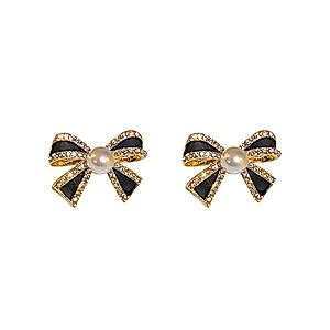 Sweet Bow Knot Small Stud Earrings 925 Sterling Silver Pins CZ Crystal Pearl Butterfly Tie Statement Earrings Cartilage Studs Wedding Christmas Jewelry for Women Girls (Black)