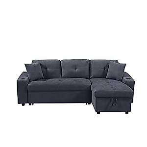 Longrune Modern Velvet Sectional Convertible with 2 Cupholders and Two Side Pockets,Reversible Pull Out Couch Storage Chaise Lounge for Living Room Apartment, Dark Gray