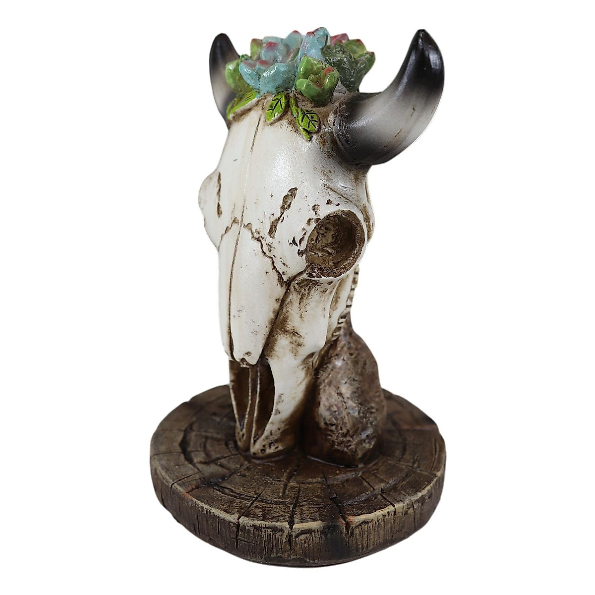 Ebros Gift Southwest Aged Bone Bull Cow Steer Head Skull with Floral Succulents Sculpture On Round Wooden Slice Base As Bisons Steers Cows Fossil Faux Taxidermy Rustic Western Decor Sculpture