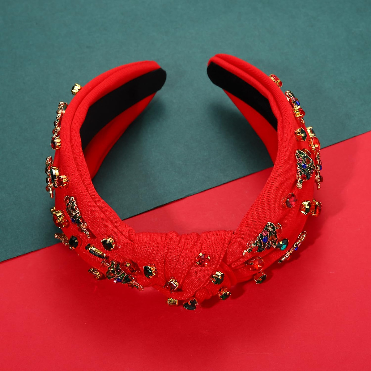 Jeweled Christmas Tree Headband with Embellished Crystals and Pearls - Wide Top Knot Knotted Headbands for Women, Holiday Hair Accessories and Outfits Gift