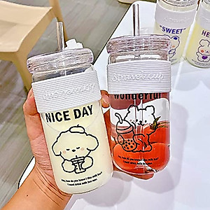 Cute Water Bottles Cartoon Bear Kawaii Water Bottle Milk Juice Coffee Glass Water Bottle with Straw, Portable Leakproof Water Cup for Girls Boys, BPA Free, 15 oz (Milk Tea Bear)