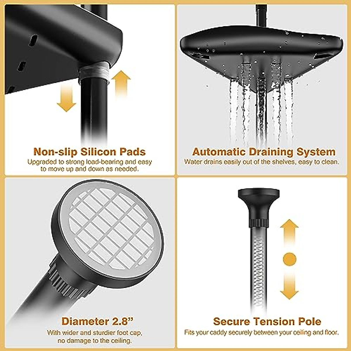 Epicano Shower Caddy Corner,56 to 115.7inches Adjustable Tension Pole Shower Caddy Stand, Rustproof 304 Stainless Steel Pole for Bathroom, Bathtub Storage Organizer,4-Tier, Black and White