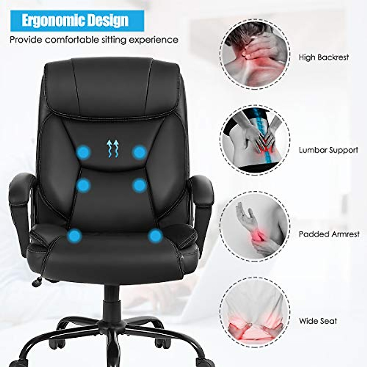 Giantex 500 lbs Big and Tall Office Chair, Massage Executive Chair w/ 6 Vibrating Points, Wide Seat Large Leather High Back Computer Task Desk Chair, Comfortable Headrest, Padded Armrest