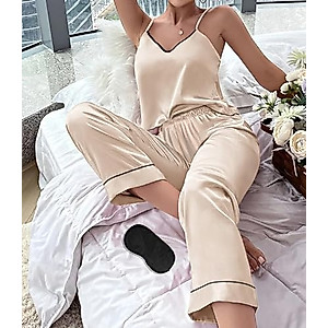 SWOMOG Womens Silk Satin Pajamas Set Two-Piece Pj Sets Cami Top and Capris Pants Sleepwear Champagne