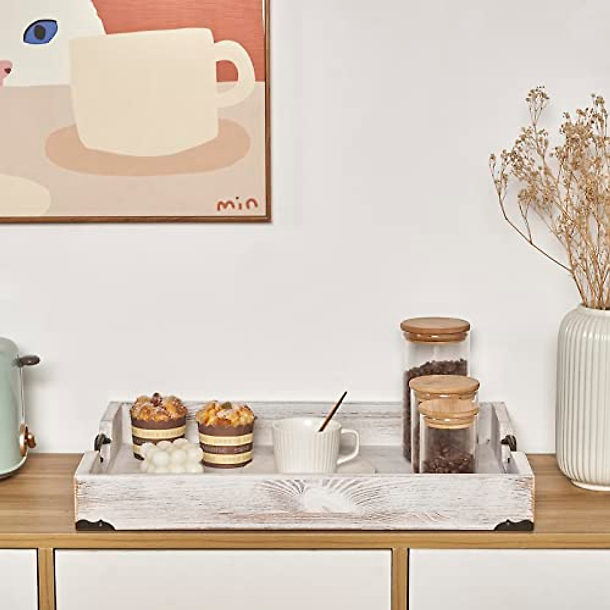 Large Wood Rectangular Serving Tray 20 x 14 Inch Rustic Wooden Ottoman Tray with Metal Handle and Wrapped Corners, Wood Coffee Table Tray Solid Pine Decorative Tray Whitewashed