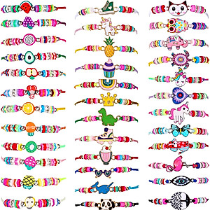 Yinkin 36 Pcs Girls Women Bracelets Jewelry Animal Fruit Unicorn Bracelet Multicolor Adjustable Friendship Bracelets for Party Favors Pretend Play Bracelets