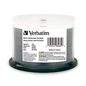 Verbatim BD-R 25GB 16X Shiny Silver Silk Screen Printable, Hub Printable - 50pk Spindle