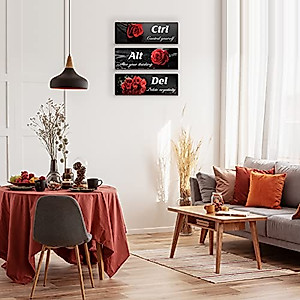 3 Pcs Red Wall Decor Red Roses Office Decor Inspirational Flower Wooden Wall Art Red Decor with Positive Quotes Ctrl Alt Del for Girl Women Office Bedroom Bathroom Living Room (Red Rose12 x 4 Inch)