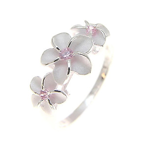 Arthur's Jewelry Sterling silver 925 3 Hawaiian plumeria flower ring pink cz size 10