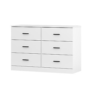 Modern 6 Drawer Dresser for Bedroom, Wood Wide Chest of Drawers Floor Storage Lateral Drawer Cabinet Organizer with Metal Handles for Home Office (White)
