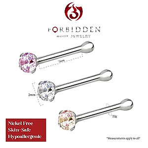 Forbidden Body Jewelry Nose Rings Sterling Silver CZ Simulated Diamond Micro Nose Studs 22G Set of 3 (Clr/AB/Rose)