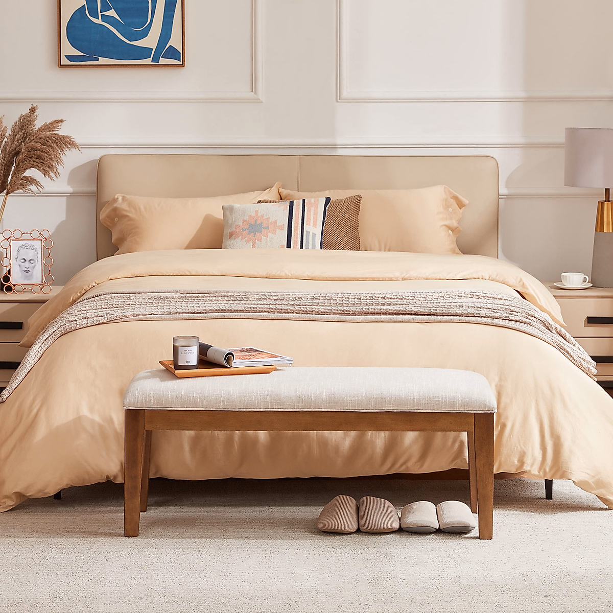 HUIMO Modern Multi-Purpose Bench, Wooden Frame with Tapered Legs, Padded Seat in Beige, 16"D x 36"W x 19"H, 2-Person Capacity