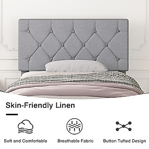 VECELO Twin Bed Frame with Button Tufted Headboard, Upholstered Platform Bedframe with Wood Slat Support, No Box Spring Needed, Grey