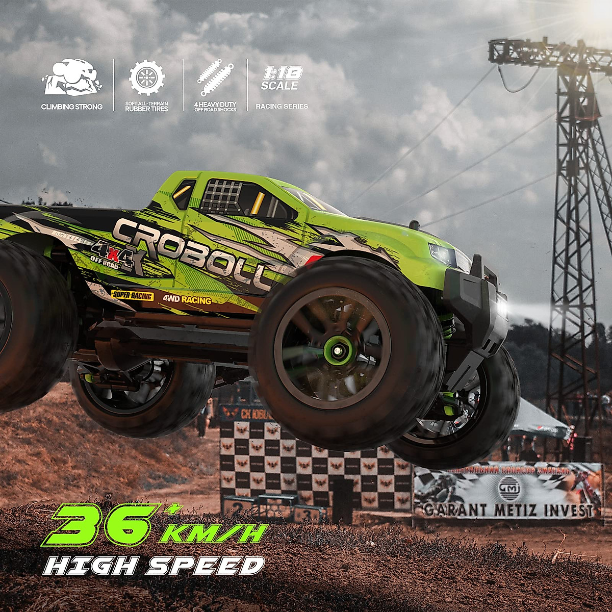 CROBOLL 1:18 Remote Control car for Kids Adults,36 KPH High Speed Monster Trucks 4x4 Off-Road Hobby Fast RC Car,2.4GHz 4WD All Terrain Electric Vehicle with 2 Rechargeable Batteries,Gifts for Boy Girl