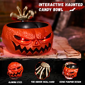 NEXIHOO Animatronic Halloween Candy Bowl - Pumpkin Bowl Halloween Decor Touch Activated with Creepy Sound,Moving Skeleton Hand, Light Up Animated Eyes, Scary Candy Dish for Halloween Party Decoration