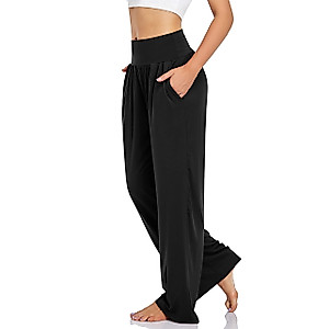 UEU Women's Plus Size High Waisted Yoga Pants 2XL Casual Loose Fit Lounge Wide Leg Sports Athletic Sweat Pants with Pockets(Black,XXL)