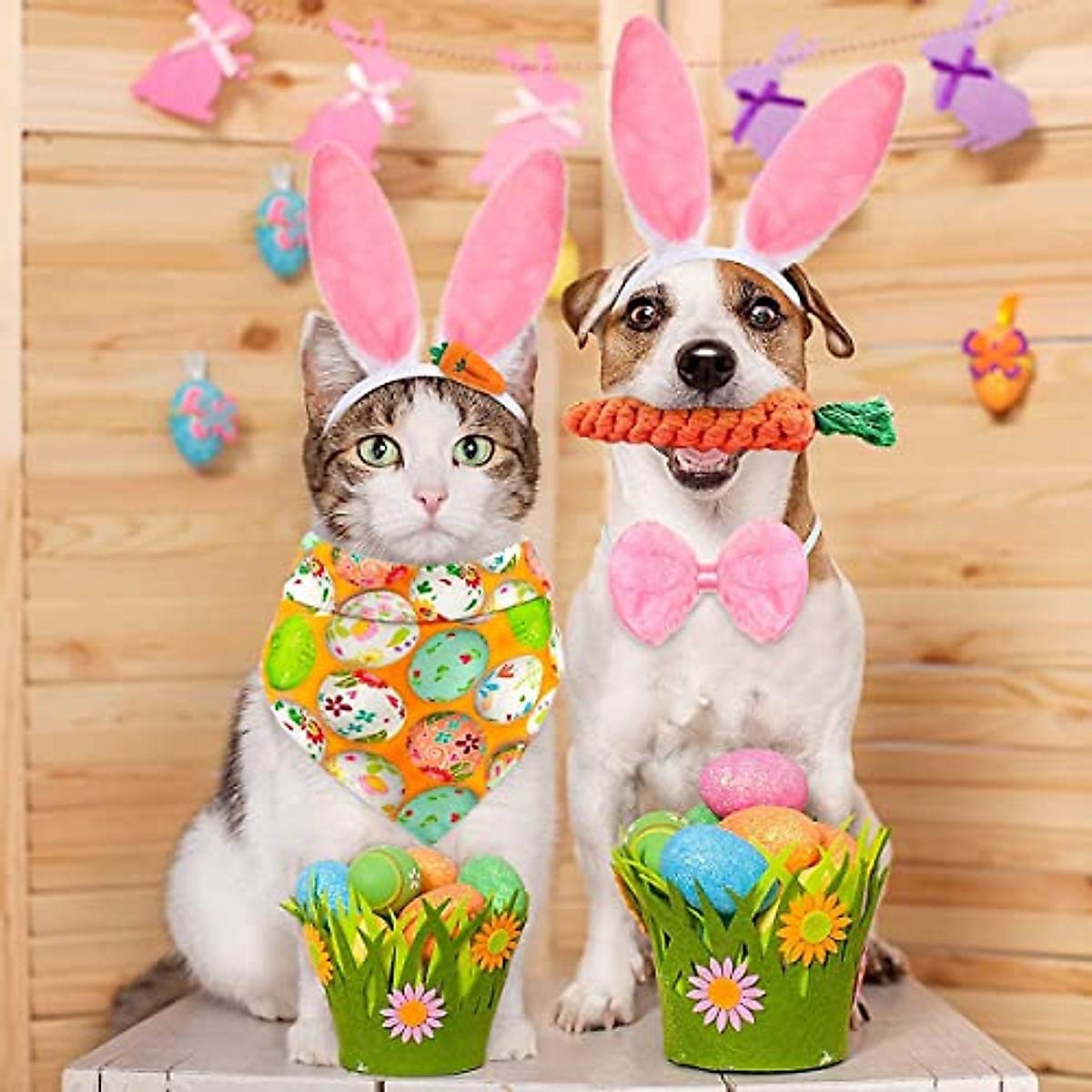 Dog Easter Bunny Costume, 3 Pack Pet Rabbit Ears Headband, Egg Dog Bandana, Carrot Dog Toy Set, Easter Dog Costumes for Small Dogs Cat Puppy Party Apparel Easter Halloween Accessory Headwear