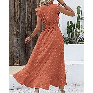 BTFBM Women's 2023 Summer Wrap V Neck Dress Ruffle Sleeve Swiss Dot Boho Ruffle Slit Beach Party Flowy Long Maxi Dresses(Swiss Dot Orange Red, Medium)