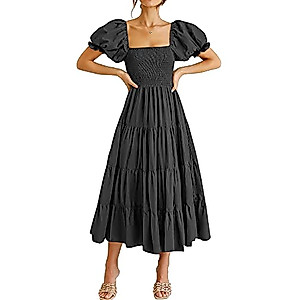 ANRABESS Women's Casual Summer Midi Dress Puffy Short Sleeve Square Neck Smocked Tiered Boho 2023 Spring Dresses for Wedding Bridal Shower 877heise-M Black