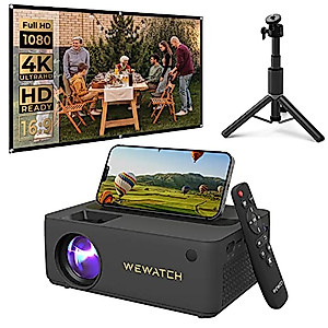 WEWATCH Native 1080P Mini Projector, 13500 Lumens Portable WiFi Bluetooth Projector, with 12 inch Tripod Stand, with 100 Inch Projector Screen, Movie Projector for Home Outdoor