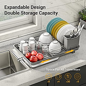 OROPY Dish Drying Rack Expandable Dish Rack, Large Dish Drainer with Utensil Holder, Stainless Steel Dish Drain for Kitchen Counter