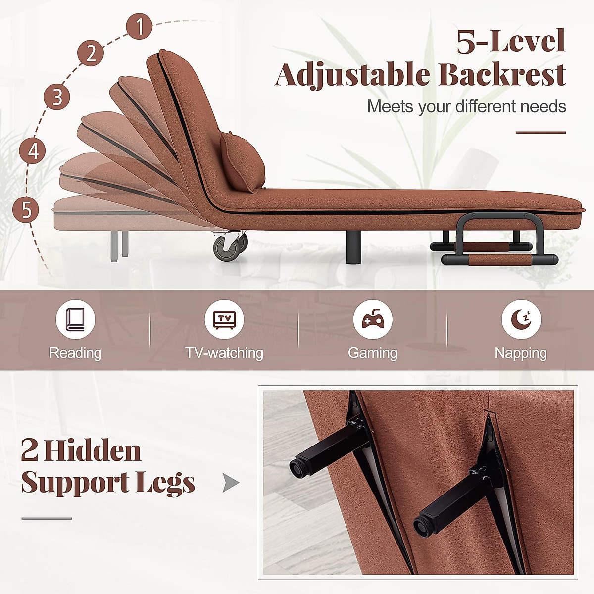 Giantex Convertible Sofa Bed, 3-in-1 Folding Sleeper Chair with 5-Position Adjustable Backrest, Wheels, 2 Legs, Recliner Chaise Lounge with Pillow, Armchairs for Nursery Living Room Office (Brown)
