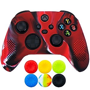 9CDeer 1 Piece of Silicone Protective Cover Skin + 6 Thumb Grips for Xbox Series X/S Controller Camouflage Red