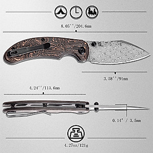 KANSEPT Nesstreet Button Lock Pocket Folding Knives for Men EDC Camping Folding Knife 3.58'' Damascus Material Pocket Folding Knife with Copper Carbon Fiber Handle Everyday Carry Folding Knife K1039F7