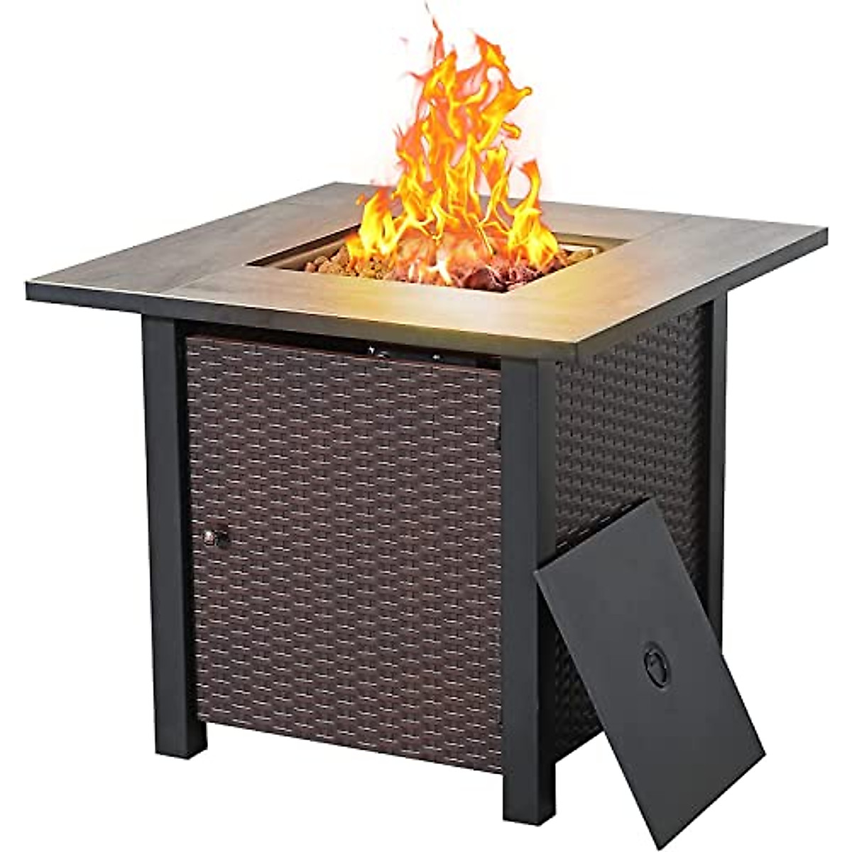 Yangming Propane Fire Pit Table, 30 Inch 50,000 BTU Square Outdoor Gas Firepit with Porcelain Tile Tabletop, Lid, Lava Rocks for Garden, Patio, Deck, Yard, Espresso Brown (QX-OL-FTABLE-EXP)