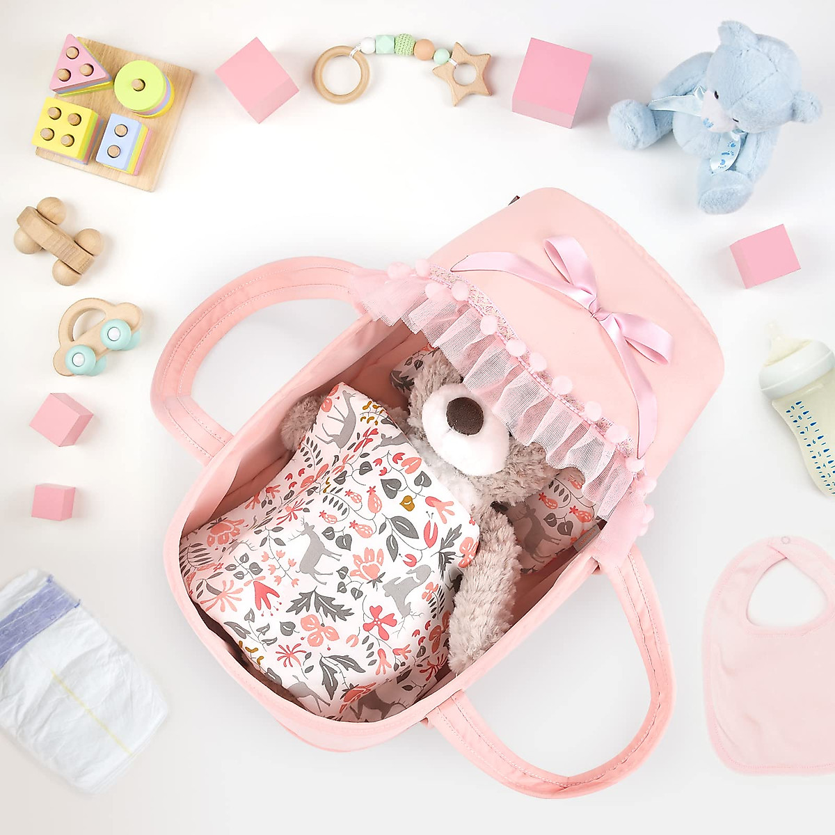 GAGAKU Baby Doll Bassinet, Doll Carrier Doll Carry Cot Set with Canopy and Pillow Blanket for 9 10 11 12 Inch Dolls Stuffed Animals - Pink