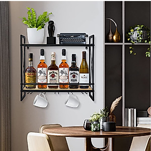 MYOYAY Industrial Wine Racks Wall Mounted 23.6in Industrial Pipe Shelf with 5 Stem Glass Holder 2 Tier Rustic Metal Hanging Wine Holder Wood Shelves Wall Shelf