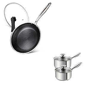 MICHELANGELO Premium Stainless Steel Saucepan Set 1Qt & 2Qt,10 Inch Stainless Steel Frying Pan with Lid