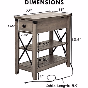 Awescuti Narrow End Table with Charging Station - Farmhouse Slim Side Table Set of 2, w/USB Ports Power Outlets, Nightstand w/Flip Top Storage Drawer, for Small Spaces Living Room Bedroom, Gray