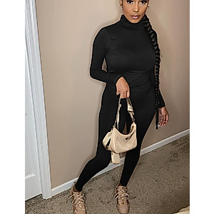 Mokoru Women's Tracksuit 2 Piece Outfits Turtleneck Long Sleeve Shirt Workout Jogger Legging Pants Set, Large, Black