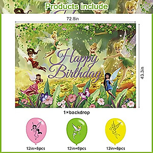 SAIAODI Tinkerbell Birthday Party Banner Backdrop, Fairy Flower Party Decorations for Kid Party Supplies Happy Birthday Banner Tinkerbell Teme Party Decorations Photography Background
