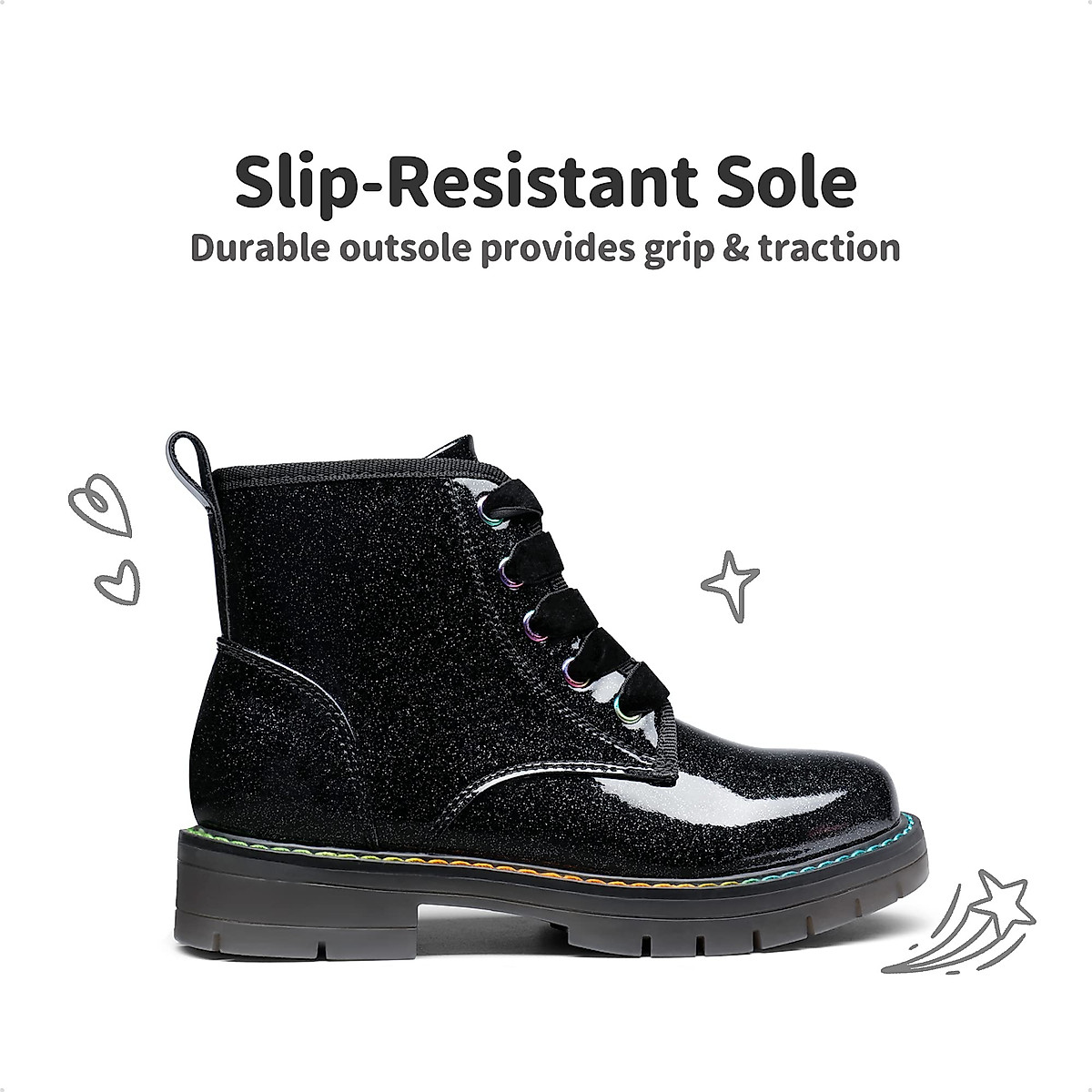 DREAM PAIRS Girls Boys Glitter Ankle Boots Side Zipper Combat Shoes with Lace Up for Toddler/Little Kid/Big Kid,Size 1 Little Kid,Black/Pu,SDBO2220K