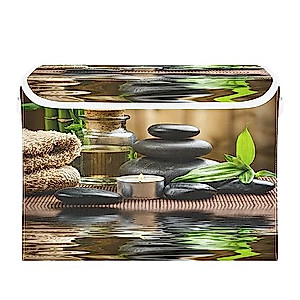 Flradish Zen Basalt Stones on Wood Large Oxford Cloth Foldable Storage with Lid and Handles Toys Clothes Storage Basket for Home Bedroom Closet Office